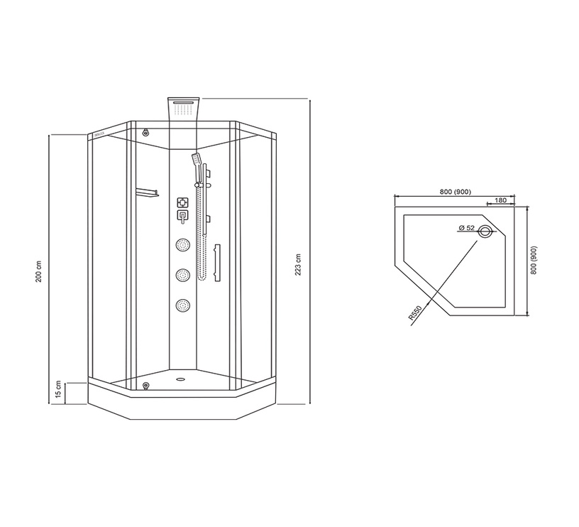 Dušo kabina Thema Lux Aida QA108, masažinė, penkiakampė, 90 cm x 90 cm x 225 cm - 1a.lt